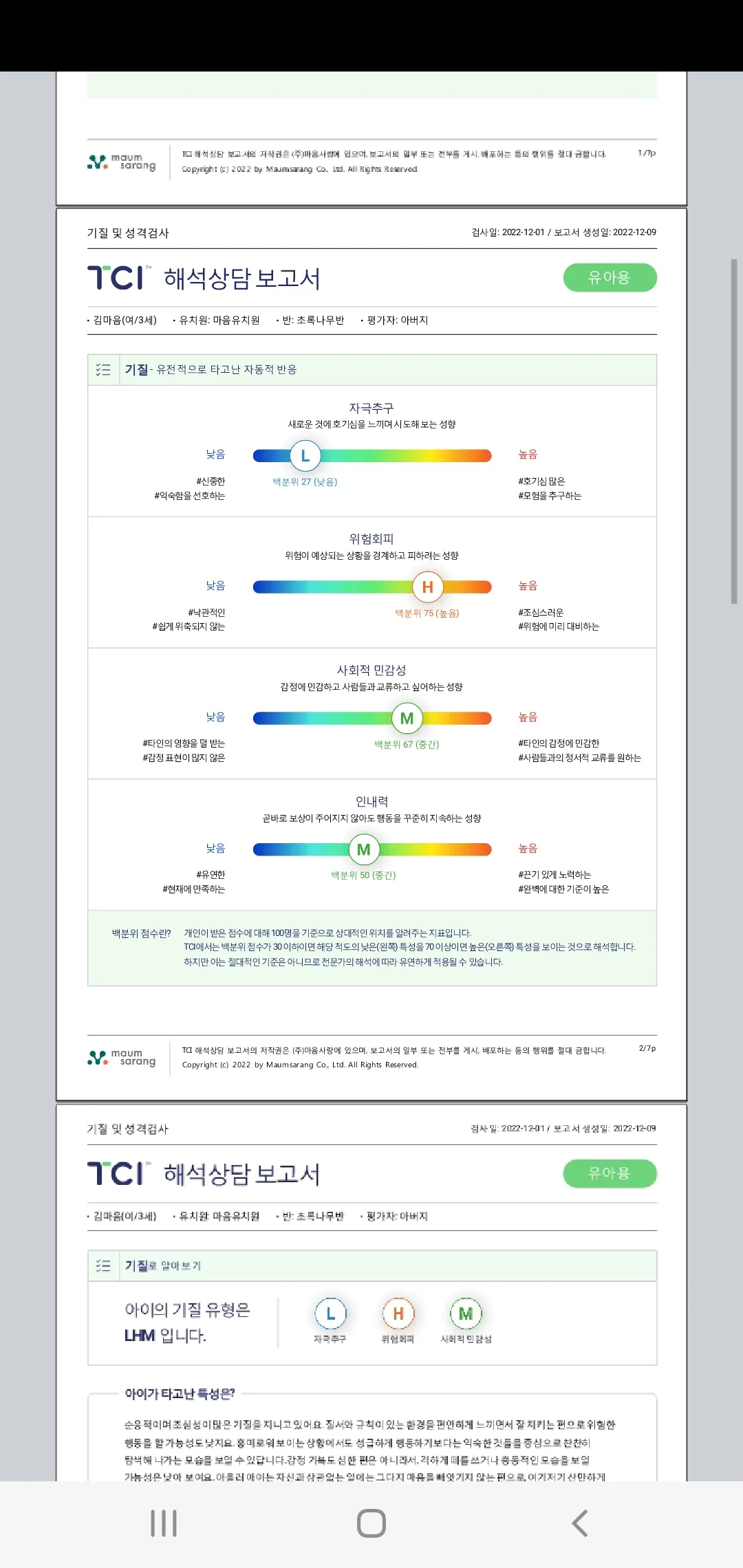 TCI기질 및 성격검사 결과(2p)해석상담보고서(6p) / 조이엘 - 숨고, 숨은고수