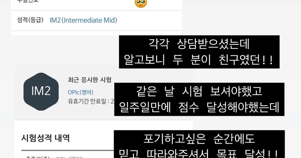 두 분이 당당히 오픽 점수 달성 영어멘토레이첼 숨고 숨은고수