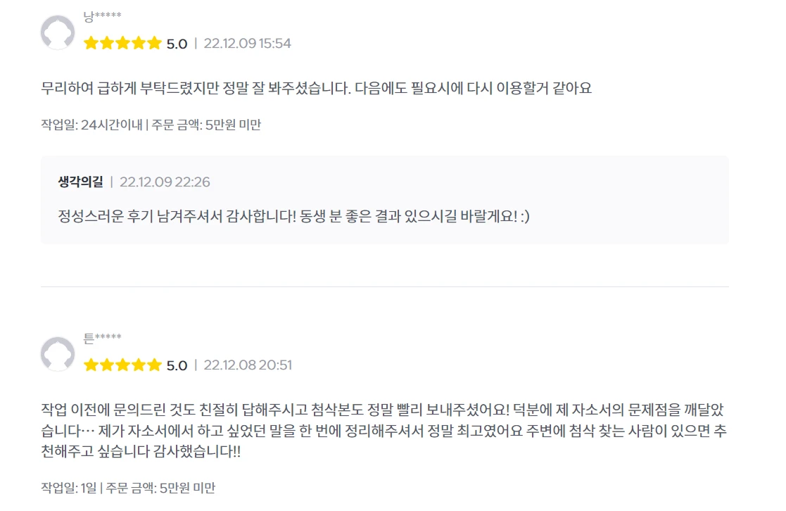 자기소개서 첨삭 최지운 숨고 숨은고수