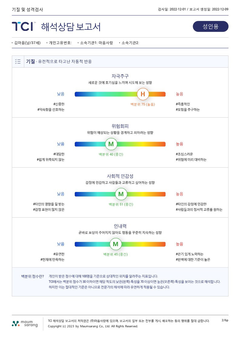 TCI 검사 성격&기질 결과지(2P)+해석보고서(6P) / 이슈아라 심리상담센터 - 숨고, 숨은고수