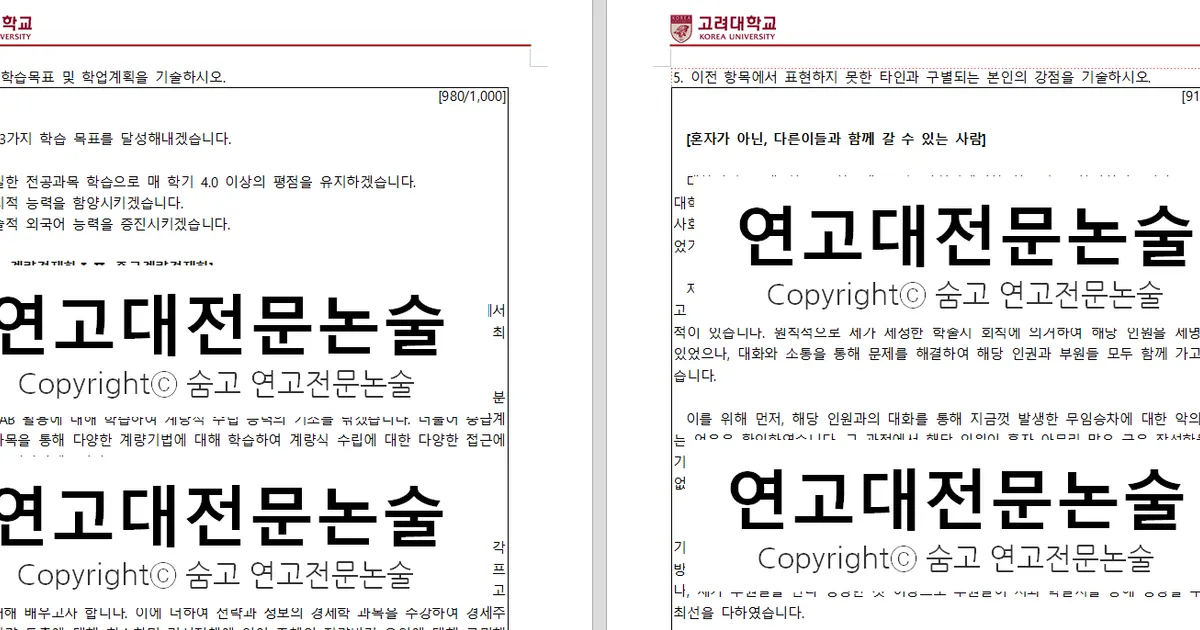 22학년도 고려대 합격자 학업계획서 작성 논술의 Key 숨고 숨은고수
