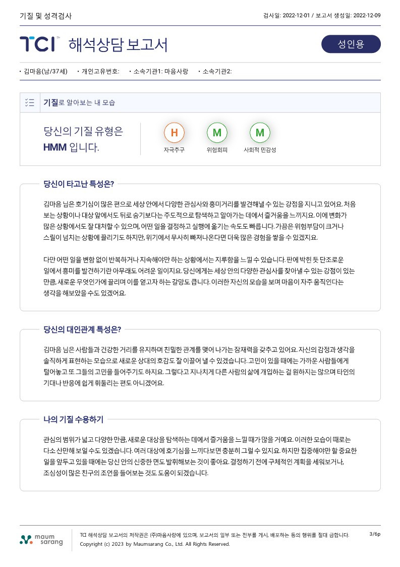 TCI 검사 성격&기질 결과지(2P)+해석보고서(6P) / 이슈아라 심리상담센터 - 숨고, 숨은고수