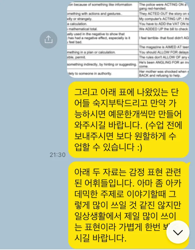 수업 전 과제 전달 예시 On English 스피킹 리딩 정복자 숨고 숨은고수