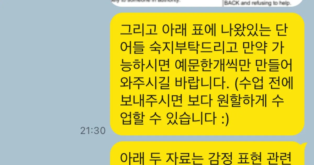 수업 전 과제 전달 예시 Donghyun 스피킹 리딩 정복자 숨고 숨은고수