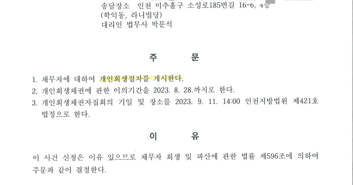 개인회생개시결정 박문석법무사사무소 숨고 숨은고수