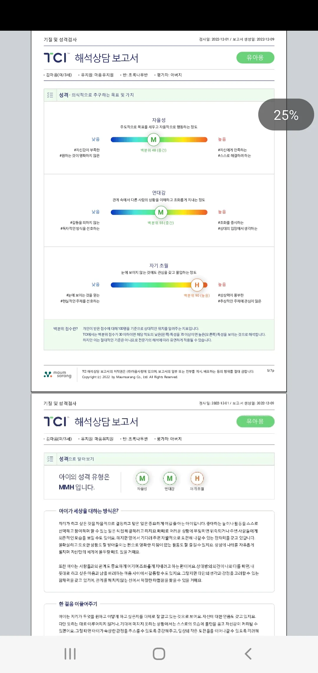 TCI기질 및 성격검사 결과(2p)해석상담보고서(6p) / 조이엘 - 숨고, 숨은고수