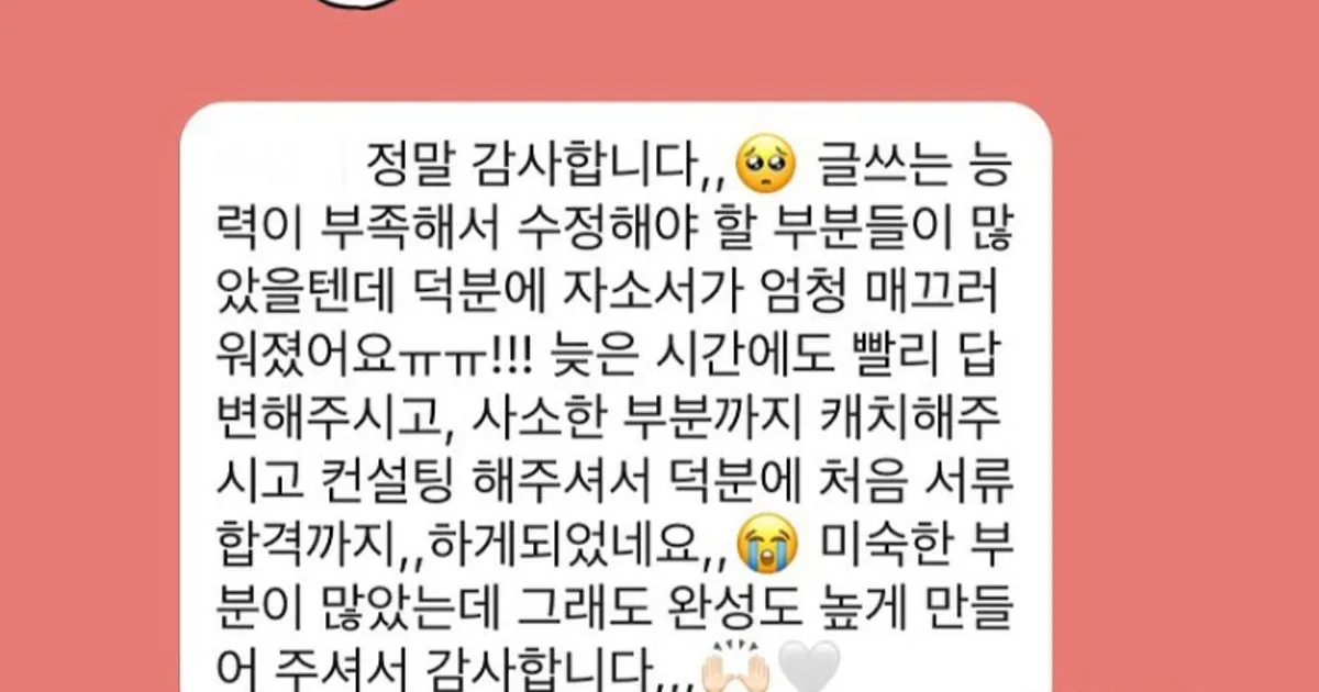 실제 고객님 후기를 확인하세요 서류합격 스토리텔링 자기소개서 전문가 에디터의 자소서 숨고 숨은고수