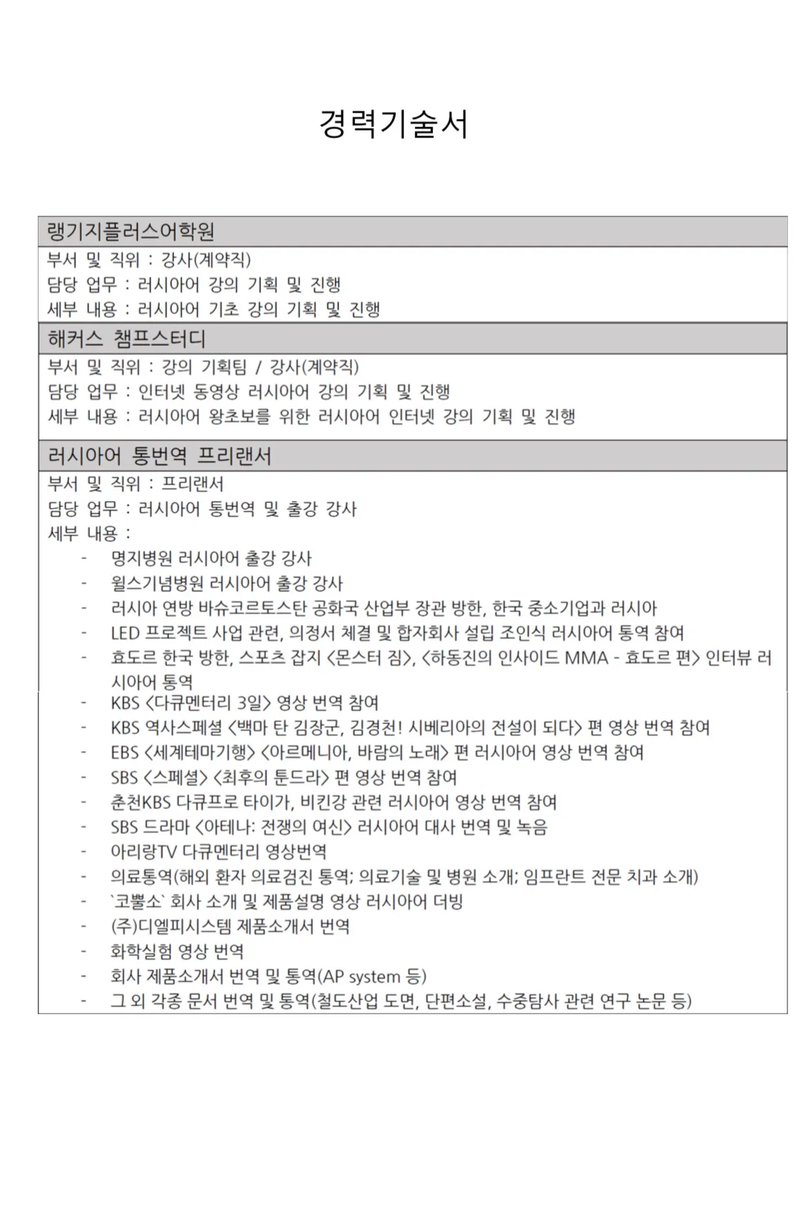 경력기술서 러시안블루 숨고 숨은고수