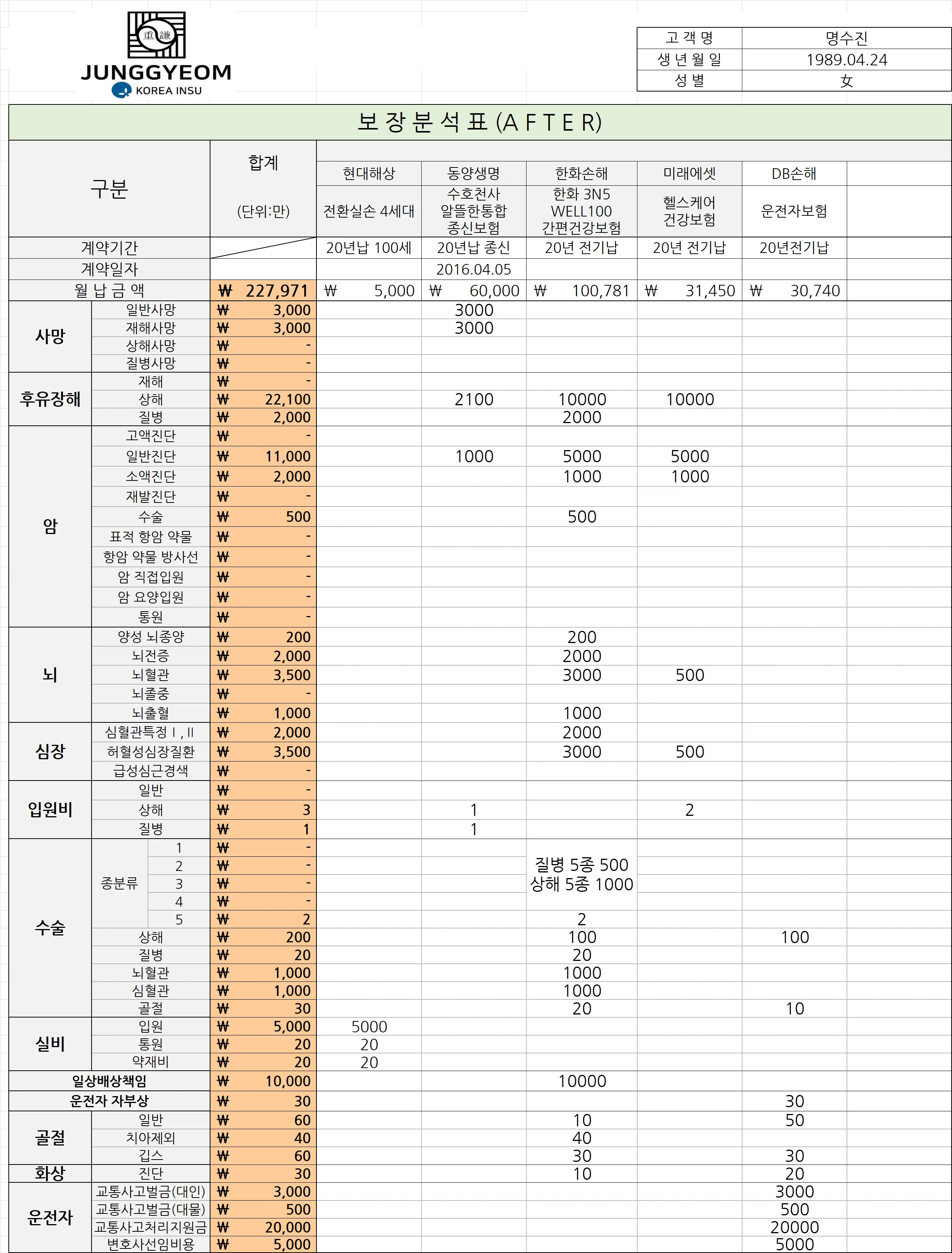 보험 보장분석표 김동환 숨고 숨은고수